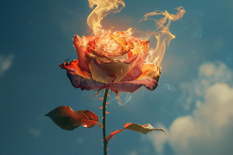 Digital Image of Rose on Fire Against a Blue Background, High Quality ...