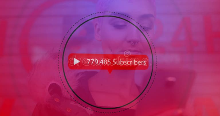 Digital Image Shows Woman Using Phone with Rising Subscriber Numbers on a Red Bubble Stock Photo ...