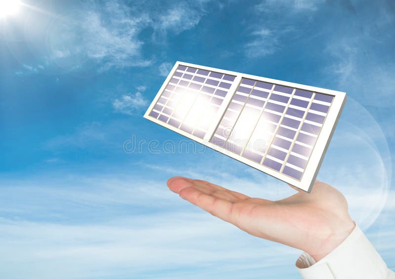 Digital Image of Solar Panel on Hand Against Sky Stock Illustration ...