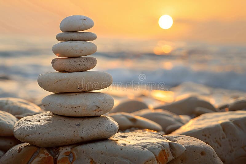 Digital Image of Stack of Rocks Sitting on a Rocky Shore at Sunset ...
