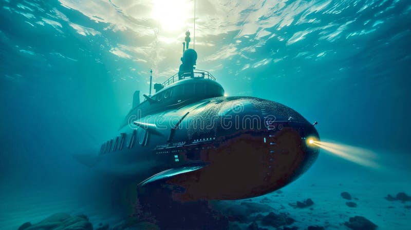 Underwater Submarine Exploring the Ocean Depths with a Bright ...