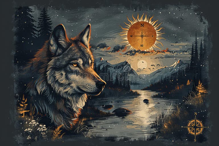 Digital Image of T Shirt Illustration of a Wolf, and the Sun with a ...