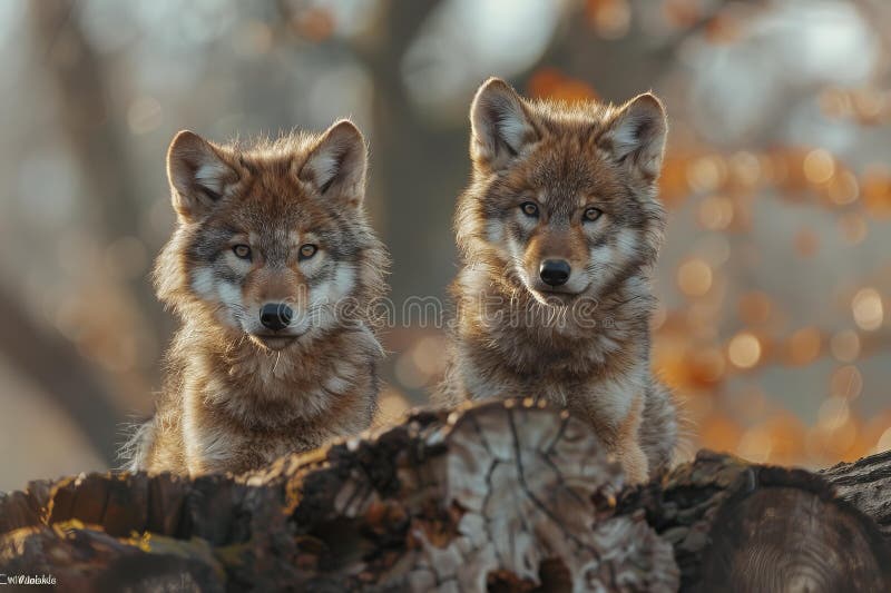 Digital Image of Two Grey Wolf Cubs on Top of Tree Trunks, High Quality ...