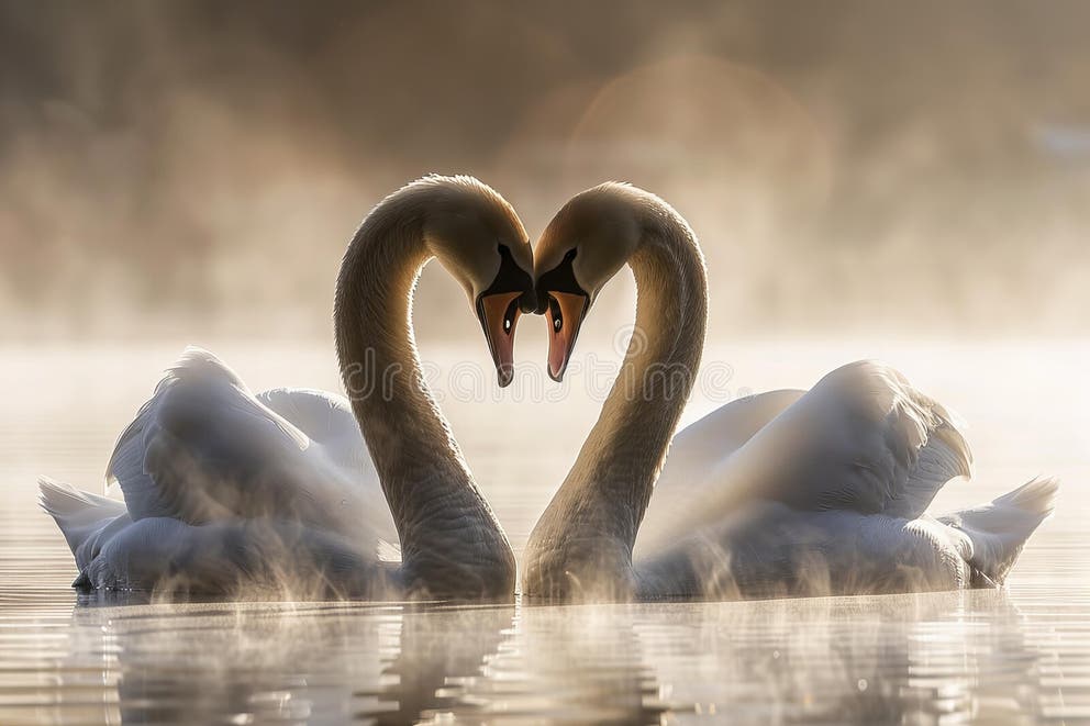 Digital Image of Two Swans Facing Each Other on the Water, Their Forms ...