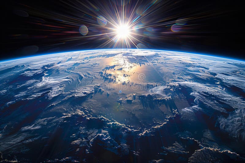 Digital Image of View of Earth from Space, with Sun Rays Shining on it ...