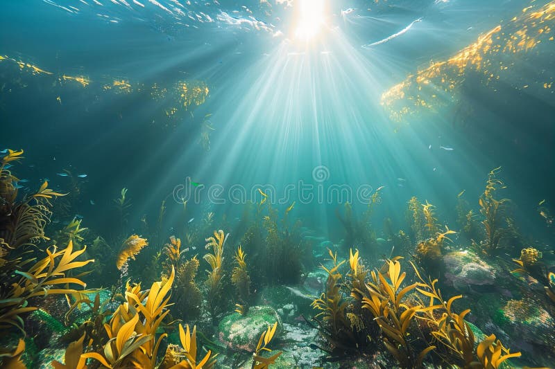 Digital Image of View of the Ocean Floor with Kelp and Sun Beams, Shot ...