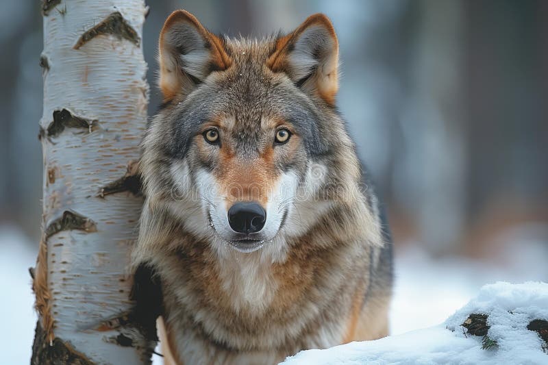 Digital Image of Wolf Peering Out of Trees with Snow on the Ground ...