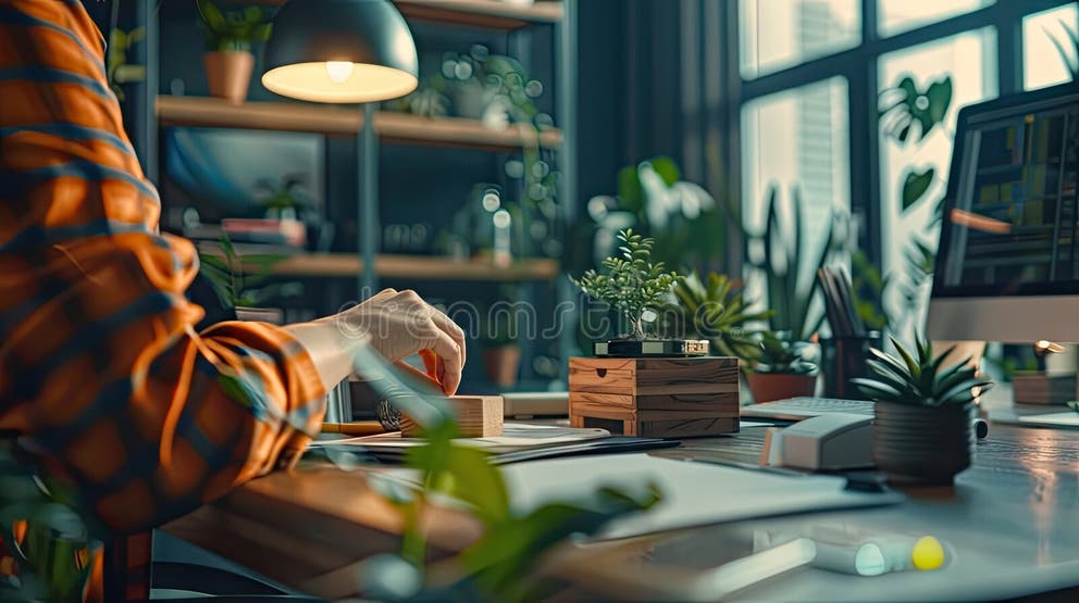 The Digital Imagination: a Person Engaged at the Computer Desk Stock ...