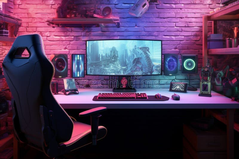 Digital Immersion 3D Render of Gaming Setup with Neon Lights Stock ...