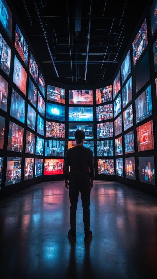 Digital Immersion: Man Stands in Futuristic Room Surrounded by Screens ...