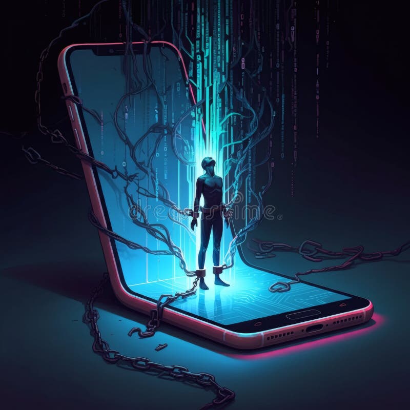 Digital Imprisonment Technology Addiction Man Trapped in Glowing ...