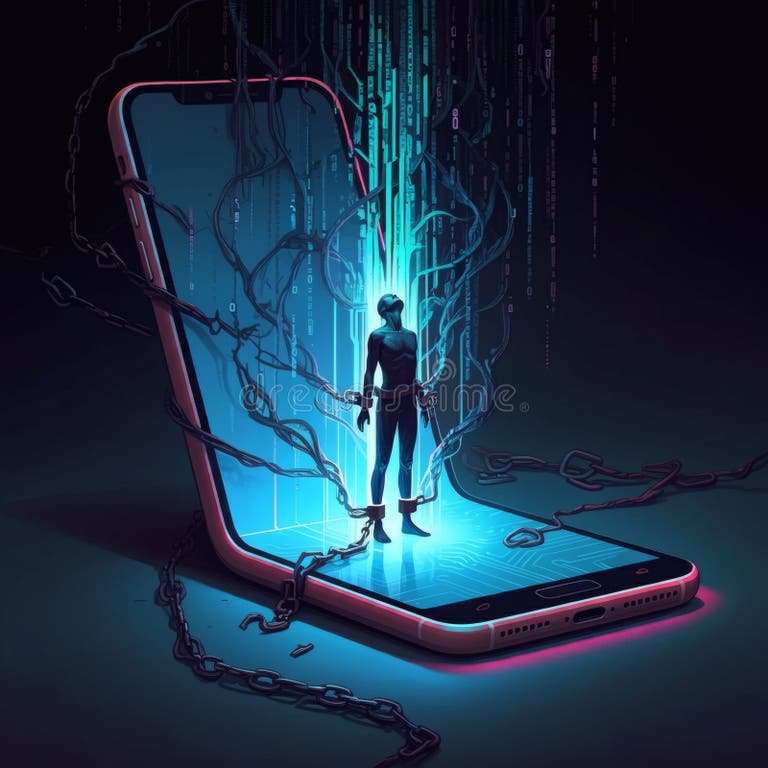 Digital Imprisonment Technology Addiction Man Trapped in Glowing ...