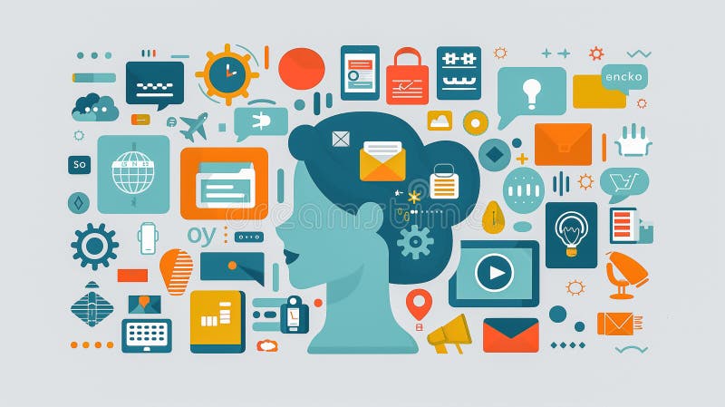 Digital Information and Communication Icon Collage Stock Illustration ...