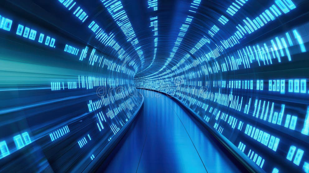 Digital Information Flows through a Blue Tunnel of Binary Code, Creating a Vibrant Visual ...