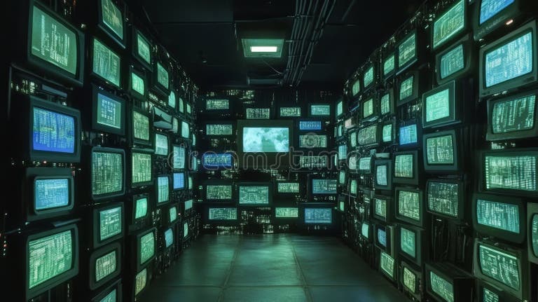 Digital Information Processing Room with Retro Monitors Displaying Data ...