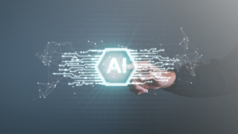 Digital Information Technology Concept. Businessman Touching Artificial ...