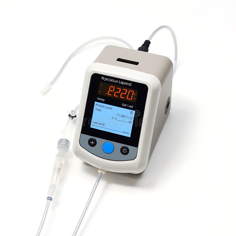 A Digital Infusion Pump with an LCD Screen and Precision Tubing on a ...