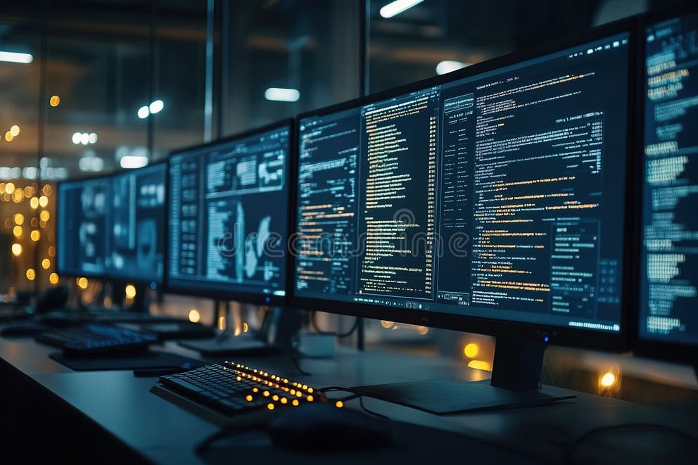 Digital Innovation: Close-up of Glowing Computer Screens Displaying ...