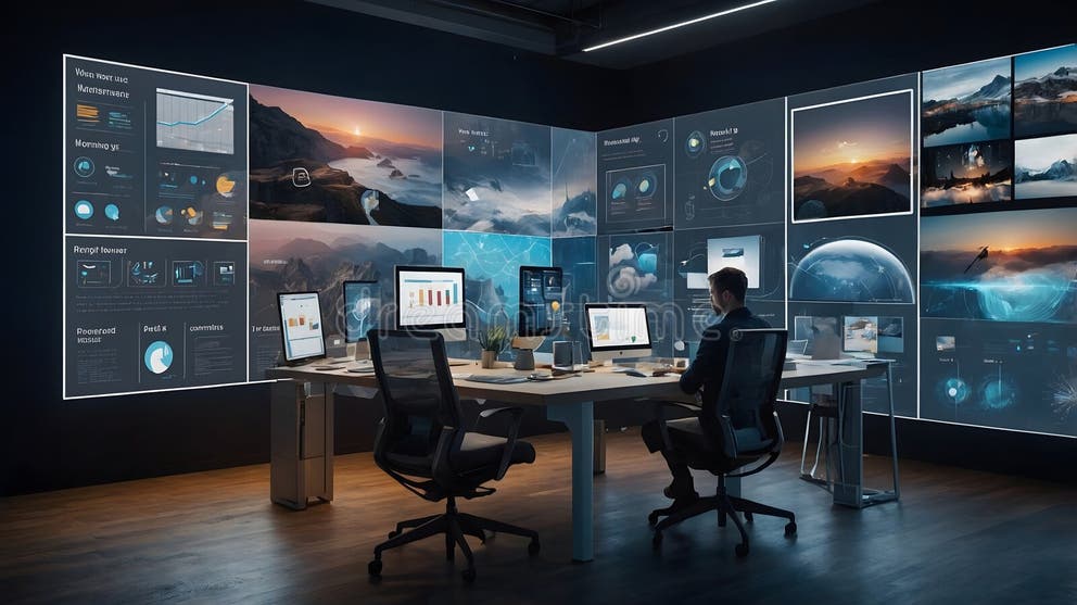 Digital Innovation: Futuristic Workspace with Floating Screens for ...