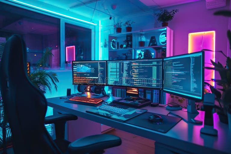 Digital Innovation Hub: it Developer Creating Firmware Amid Neon Lights ...