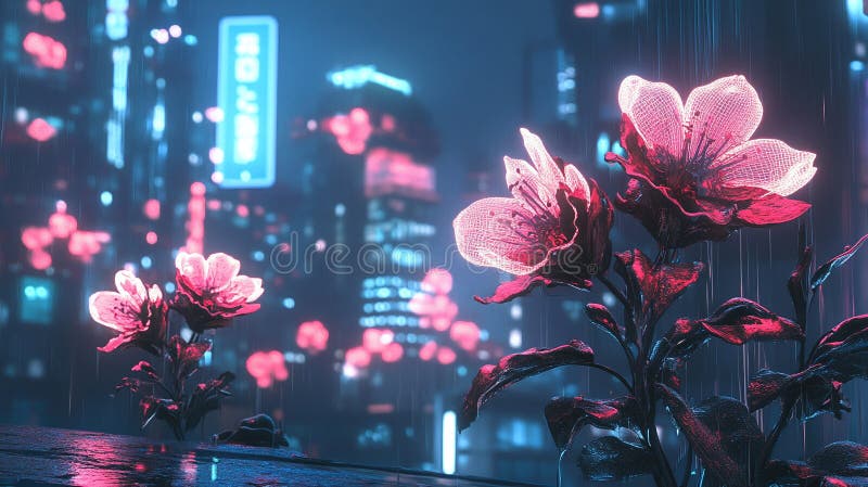 Digital-inspired Glowing Flowers with a Cyberpunk Aesthetic Stock ...