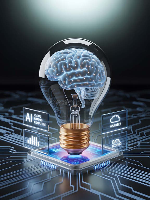 Digital Intelligence: Human Brain Glowing Inside a Bulb, Connected To a ...
