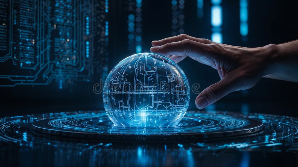 Digital Interaction: Futuristic Sphere and Data Streams in a High-Tech ...