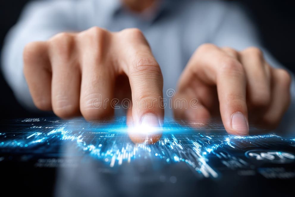 Digital Interaction with a Futuristic Touch Screen Displaying Data Analytics and Graphs Stock ...