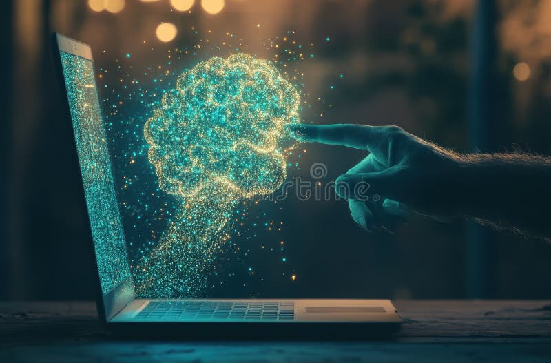Digital Interaction with a Glowing Brain, AI Concept Stock Photo ...