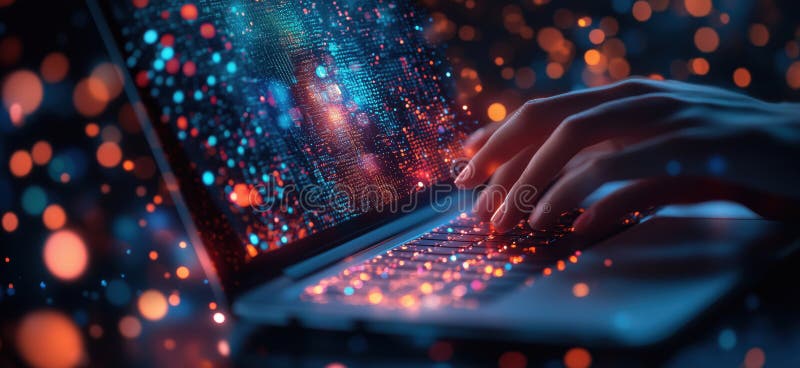 Digital Interaction with Laptop Showcasing Vibrant Data Visualization ...