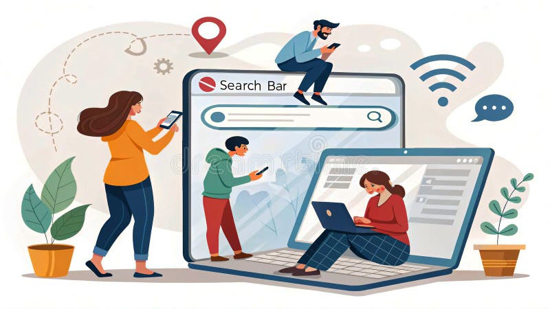 Digital Interaction with Search Interface and Users Stock Illustration ...