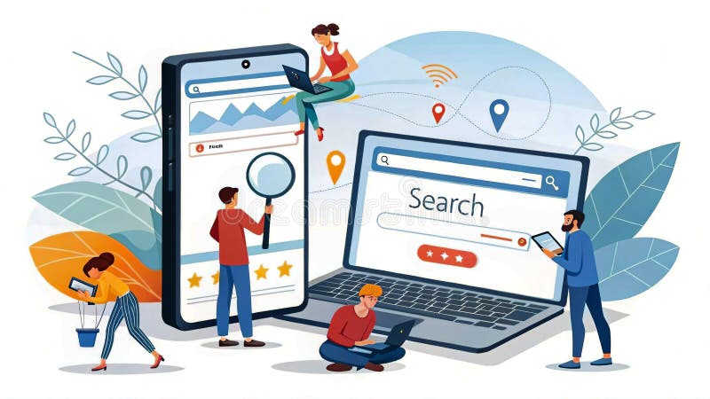 Digital Interaction with Search Interface and Users Stock Illustration ...