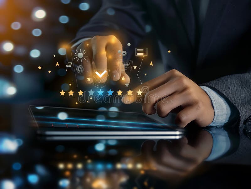 Digital Interaction with Tablet and Floating Icons Stock Image - Image ...