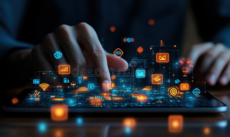 Digital Interaction with Technology Icons on Tablet Screen for Modern ...