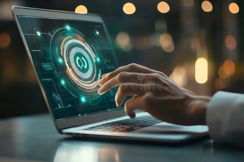 Digital Interaction with Virtual Data Display on Laptop Screen Stock ...