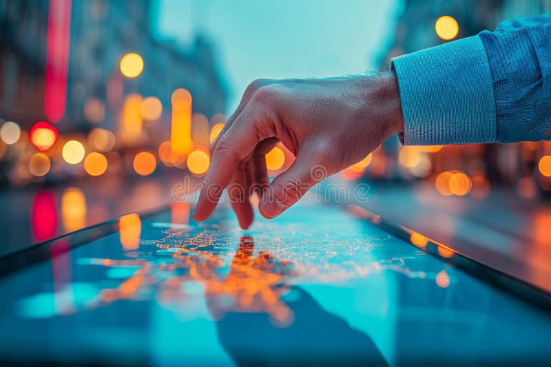 A Digital Interactive Table with a Blue Surface and Orange Lines ...