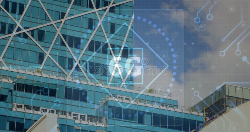 Digital Interface Animation Over Modern Glass Building with Geometric ...