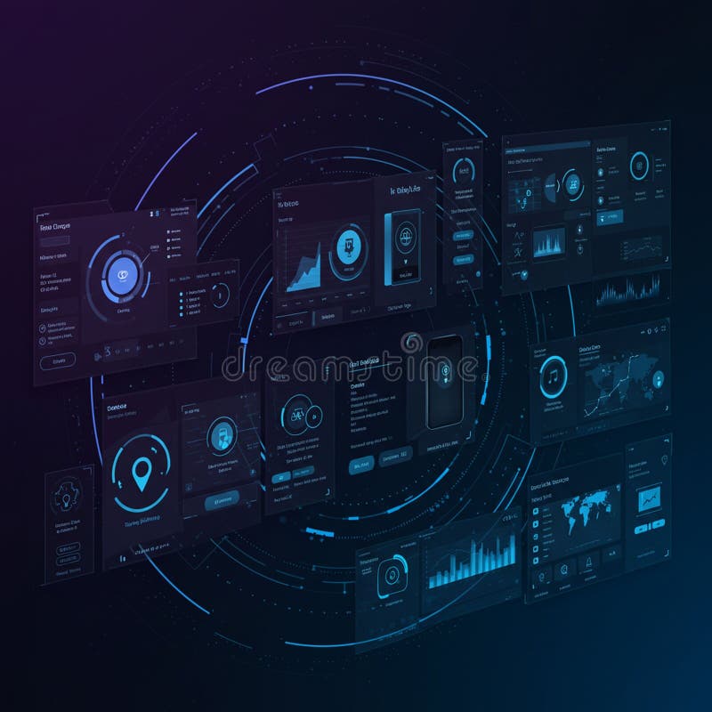 A Digital Interface Composed of Multiple Futuristic Dashboards and Data Displays Stock ...
