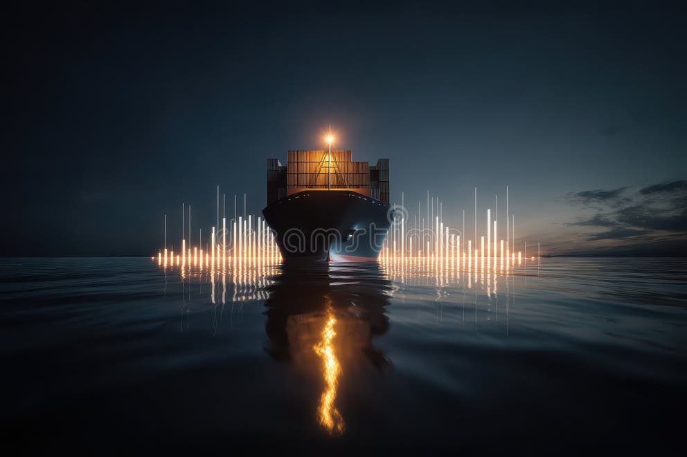 Digital Interface of Container Ship Approaching Port at Night with ...