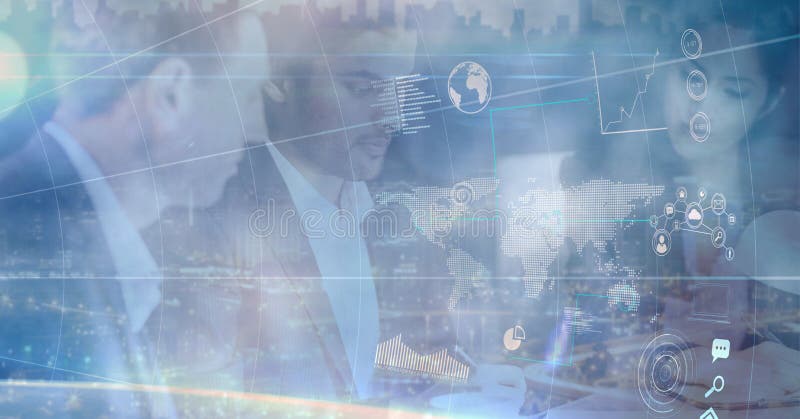 Digital Interface with Data Processing Against Businesspeople Working ...