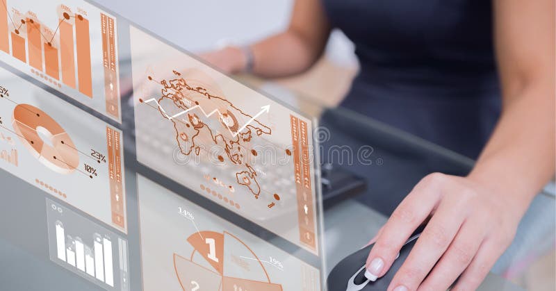 Digital Interface with Data Processing Against Mid Section of Woman ...