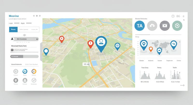 Digital Interface Displaying a City Map with Various Colored Location Markers. the Map Stock ...