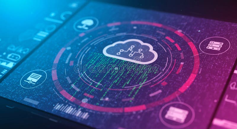 Digital Interface Displaying a Cloud Computing Concept. Central Cloud Icon with Stock ...