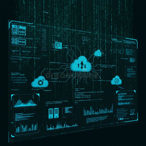 Digital Interface Displaying a Cloud Computing Concept with Data Charts, Graphs, and Stock ...