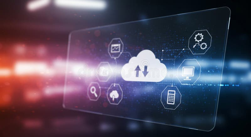 Digital Interface Displaying Cloud Computing Concepts. Centralized Cloud Icon with Stock ...