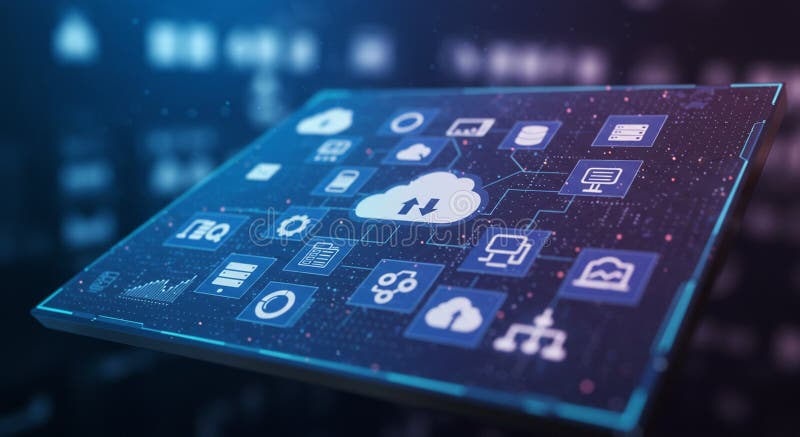 Digital Interface Displaying Cloud Computing and Technology Icons, Including Cloud Stock ...