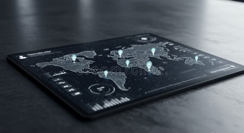 A Digital Interface Displaying a High-tech World Map is Positioned on a ...