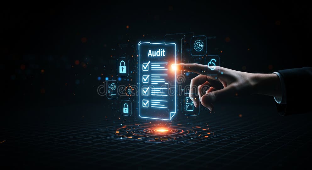 A Digital Interface Displaying a Holographic Audit Checklist is ...