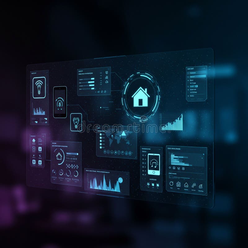 Digital Interface Displaying a Smart Home Control Panel. Central Icon ...