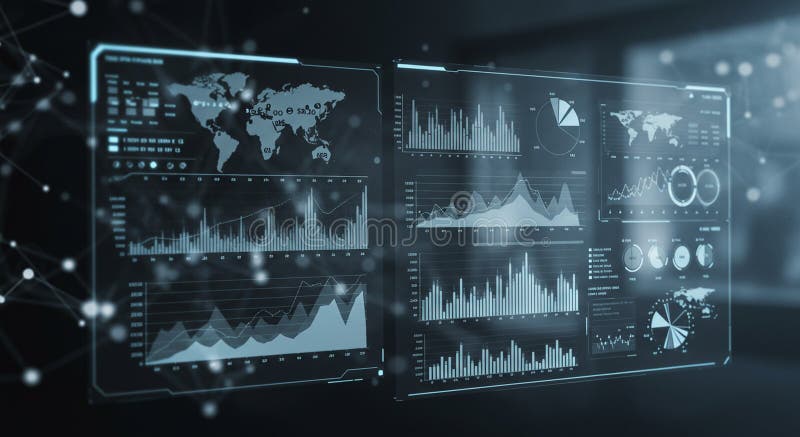Digital Interface Displaying Various Data Visualizations, Including Bar Graphs, Line Stock ...